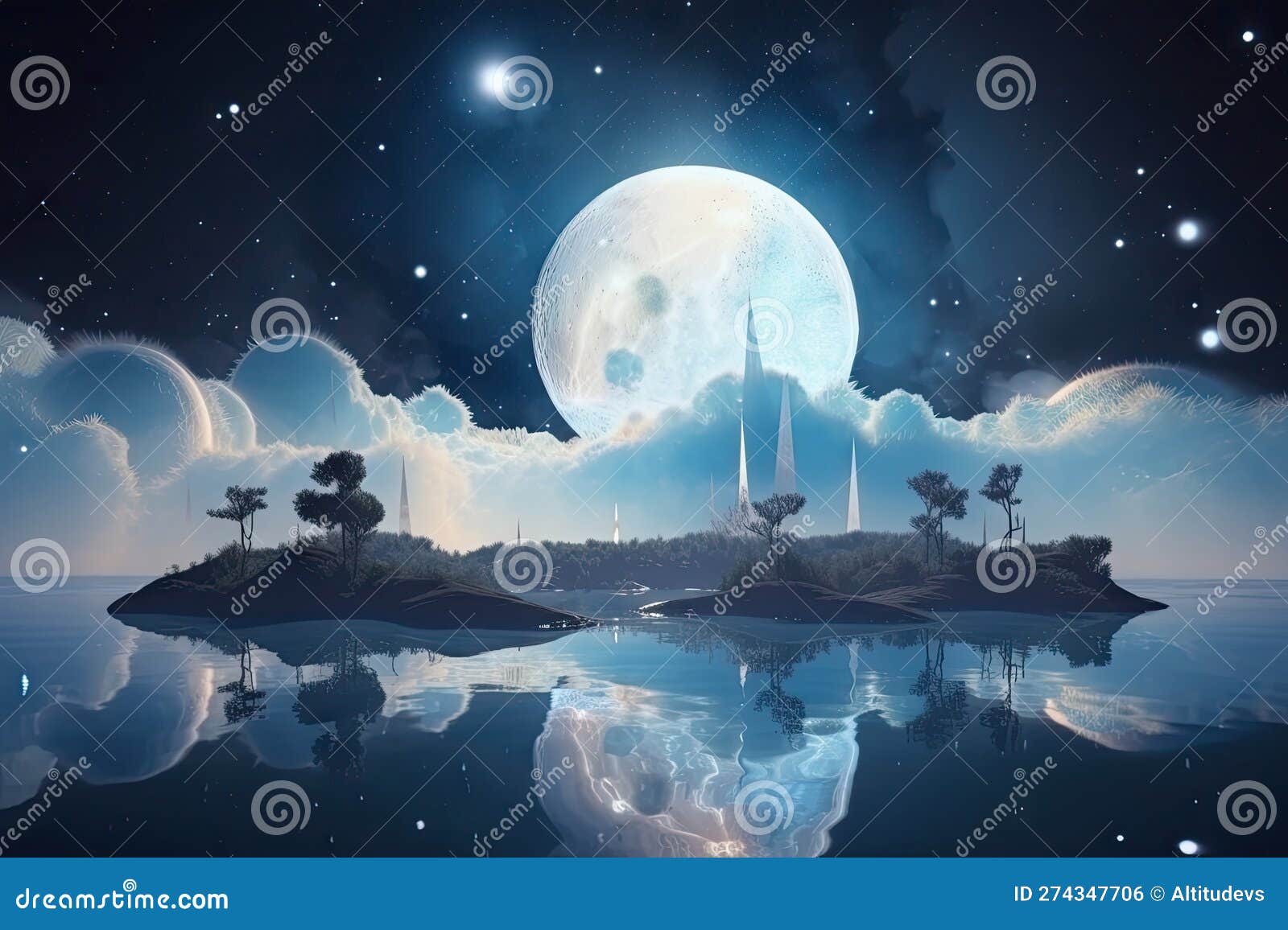 Surreal Float Landscape with Hovering Translucent Moon and Stars in the ...