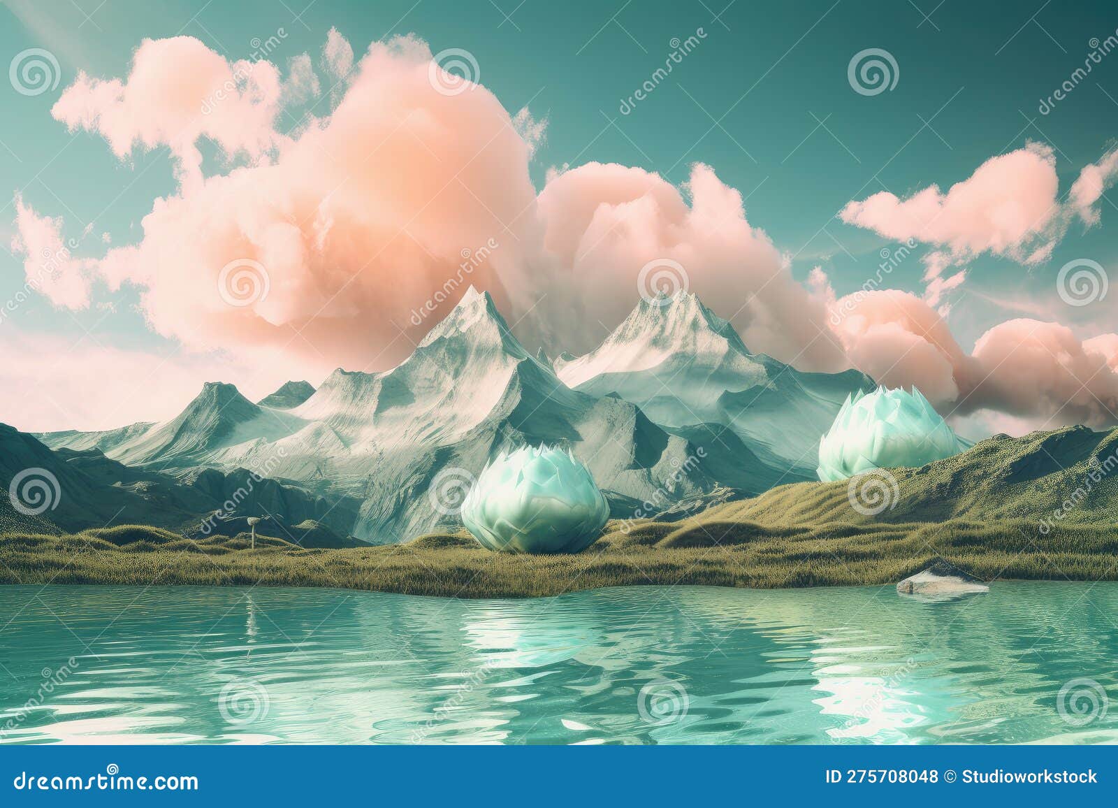 Surreal Float Landscape With Towering Mountain Range In The Background ...