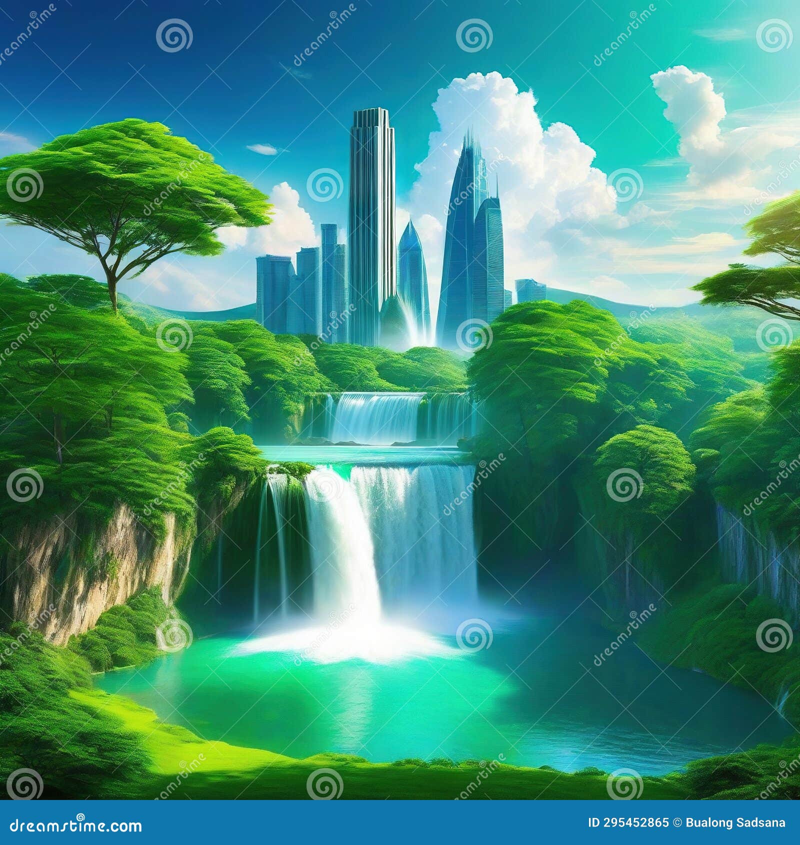 Surreal Float Landscape with Waterfall Stock Illustration ...