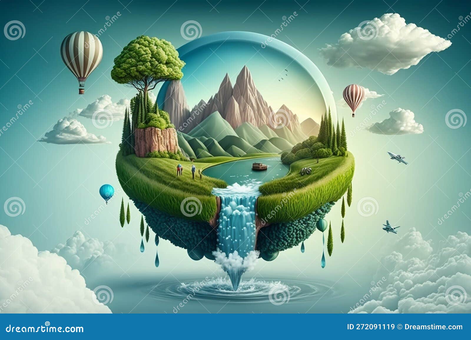 Surreal Float Landscape With Towering Mountain Range In The Background ...