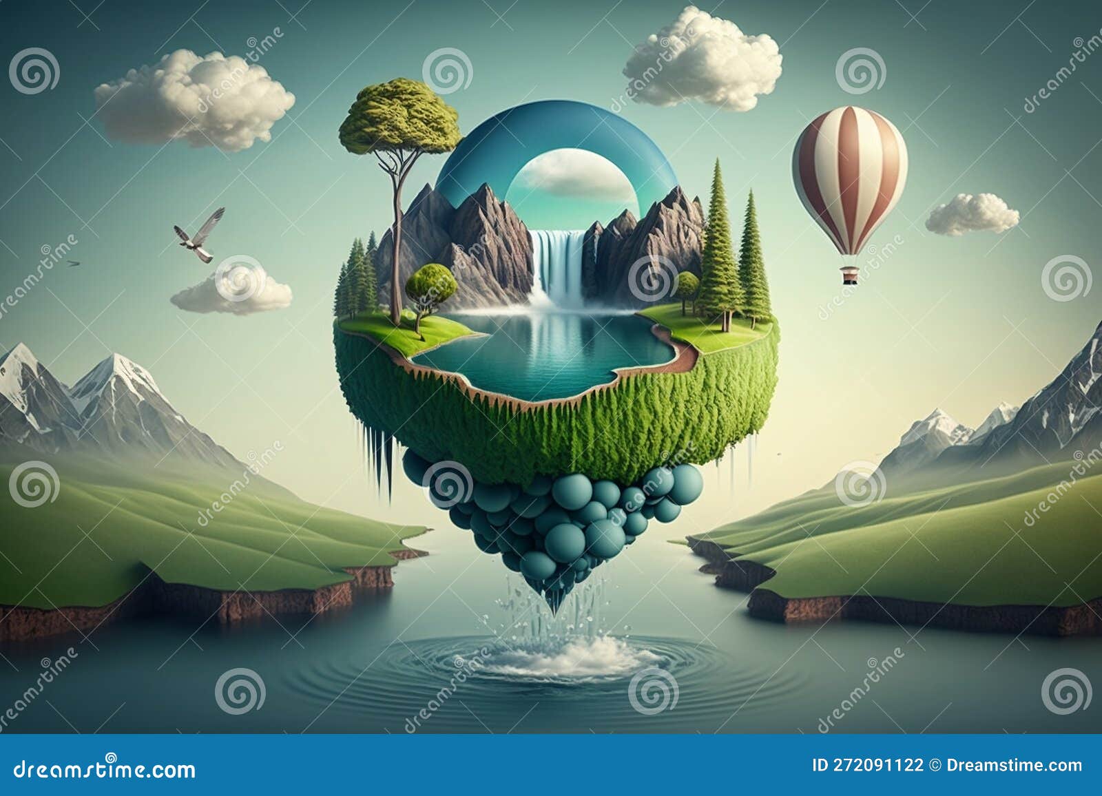 Surreal Float Landscape With Towering Mountain Range In The Background ...