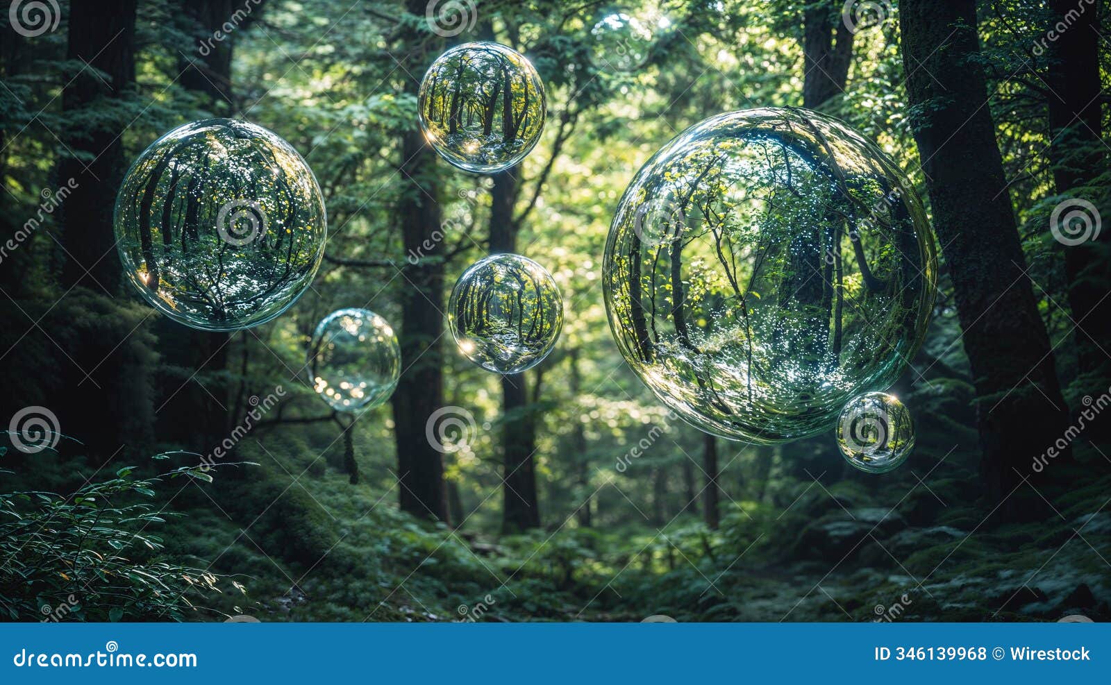 Surreal Forest Scene with Reflective Bubbles Floating among Lush Green ...