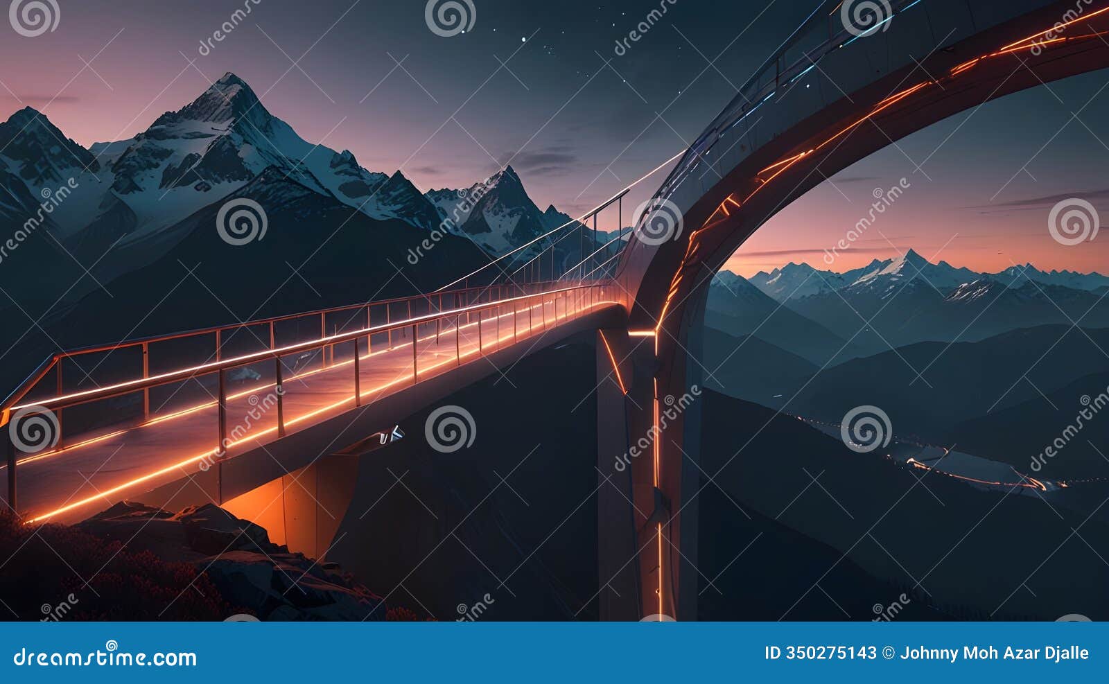A Surreal Futuristic Bridge Connecting Two Distant Mountain Peaks with ...