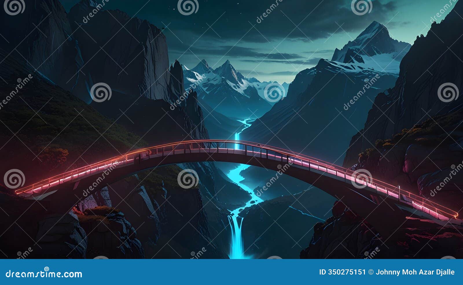 A Surreal Futuristic Bridge Connecting Two Distant Mountain Peaks with ...