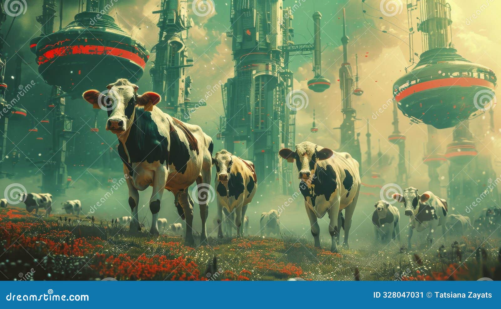 Surreal Futuristic Scene of Cows Abducted by Aliens on a Planet with ...