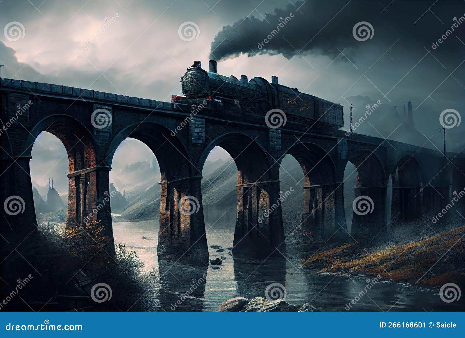 Surreal Gloomy Landscape with Bridge and Train. AI Generated Stock ...