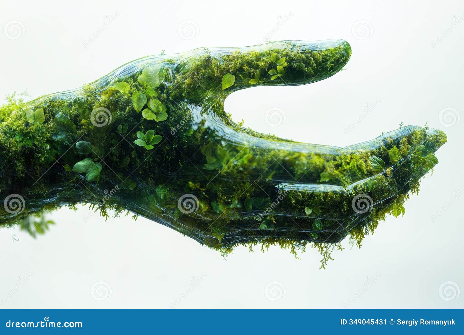 Surreal Green Moss Hand Emerging from a White Background in Hyper ...