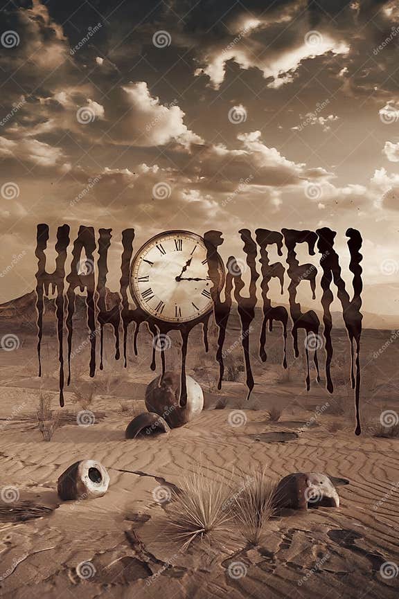 Surreal Halloween Scene in a Desert with Melting Clock and Eerie ...
