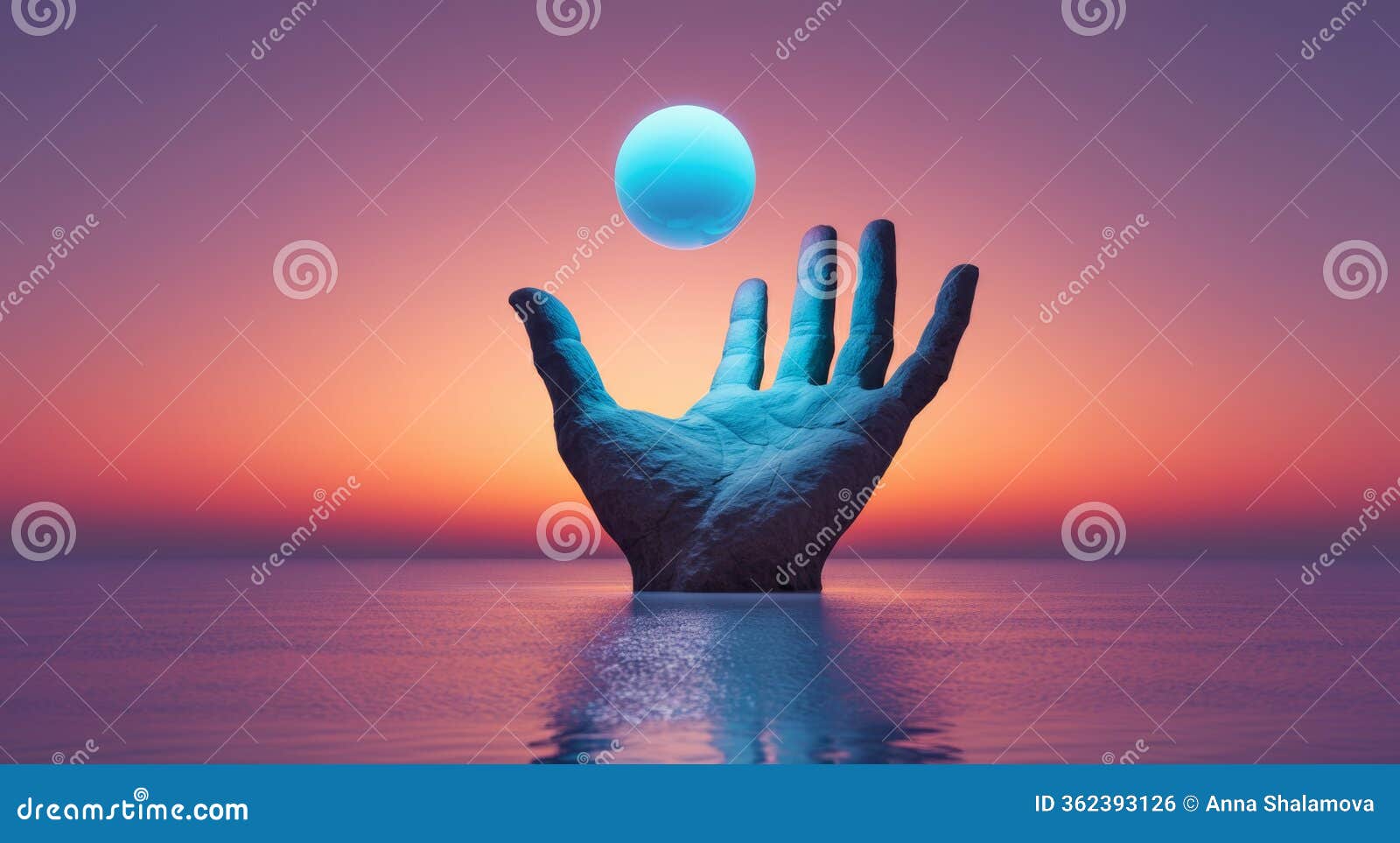Surreal Hand Emerging from Water Holding Glowing Sphere at Sunset ...