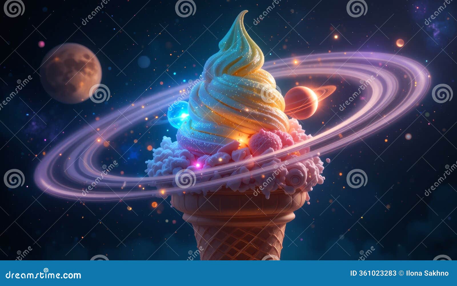 Surreal Ice Cream Cone with a Floating Planetary Ring System Stock ...