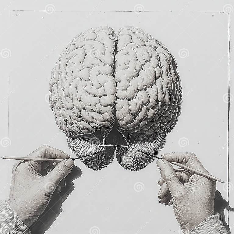 Hands Manipulating Brain Strings in Surreal Illustration Stock Photo ...