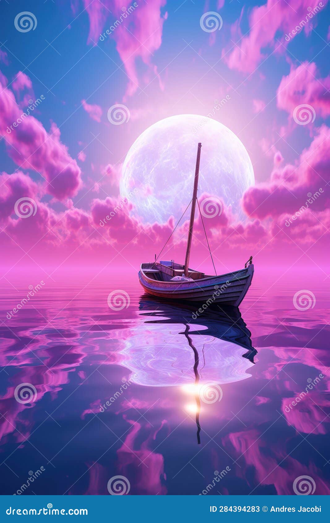 Surreal Image of Boat in Water Under Pink Full Moon Stock Illustration ...