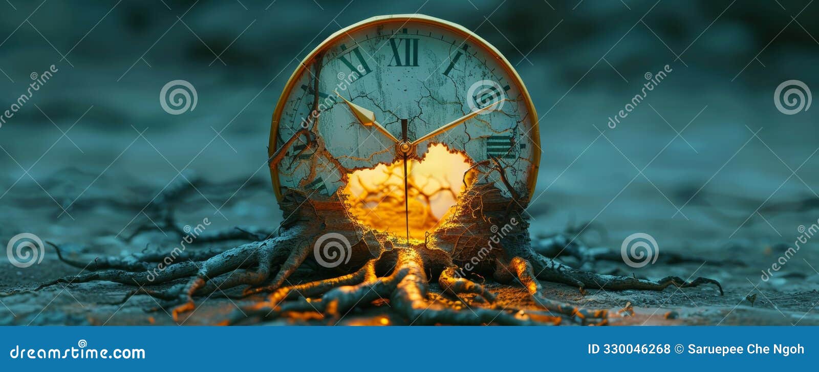 Surreal Image of a Broken Clock with Glowing Center and Tree Roots in a ...