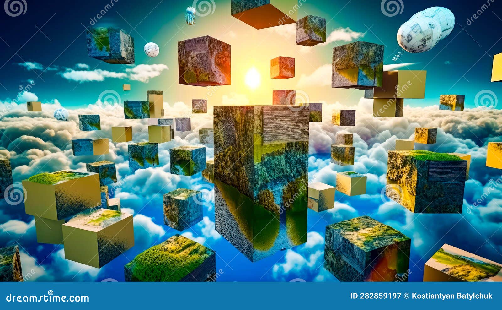 Surreal Image of Cubes Floating in the Sky with Sun in the Background ...