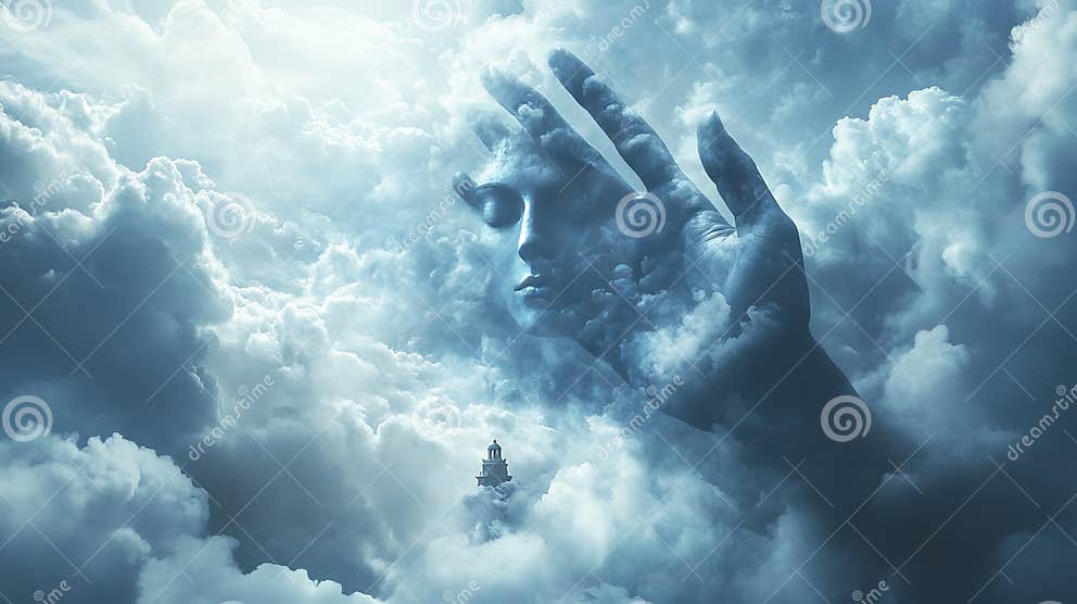 Surreal Image of Face and Hand in the Clouds Stock Image - Image of ...