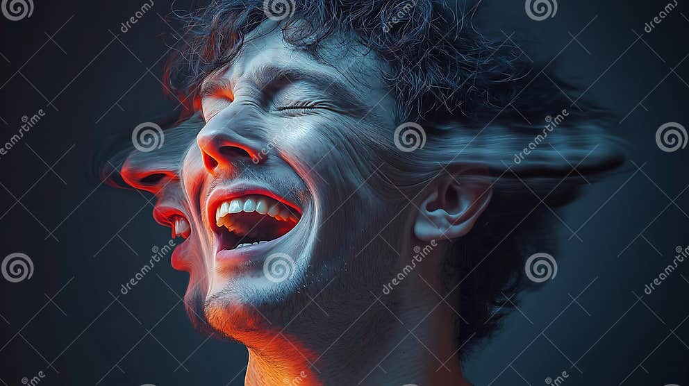 Surreal Portrait of a Man with a Distorted Laughing Face, Split by ...