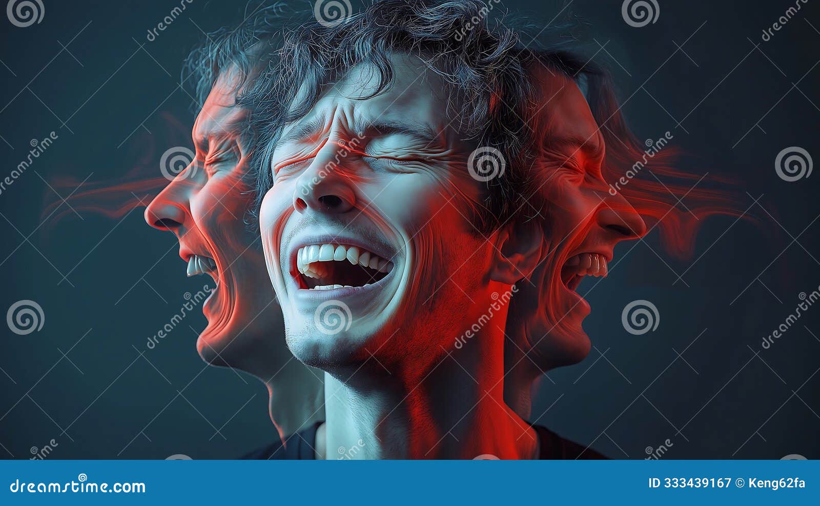 Surreal Portrait of a Man with a Distorted Laughing Face, Split by ...