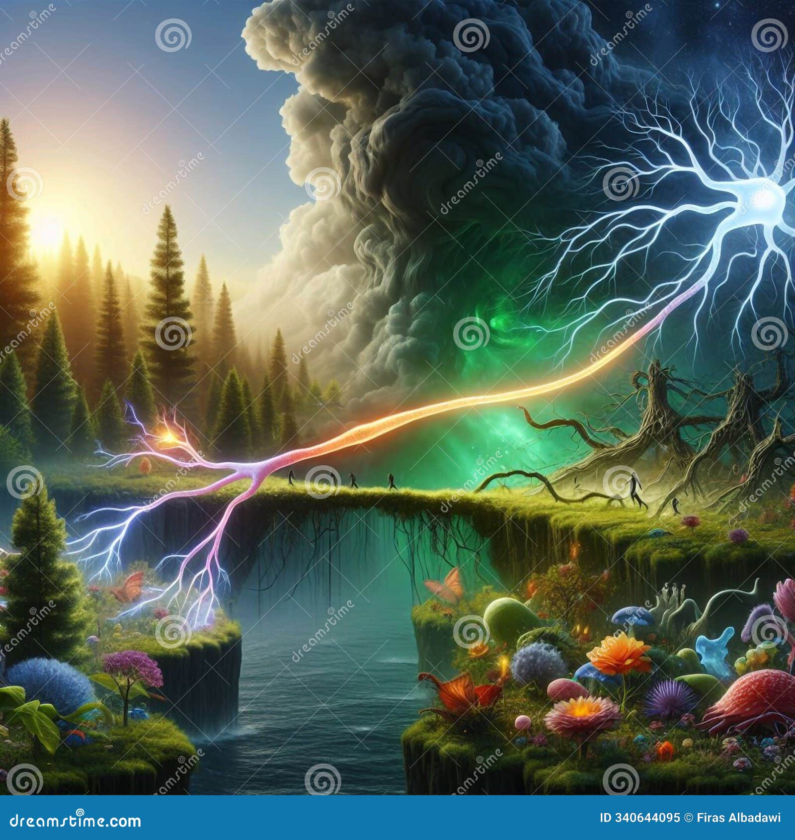 A Surreal Forest Scene Divided by a Neuron Bridge, Representing the ...