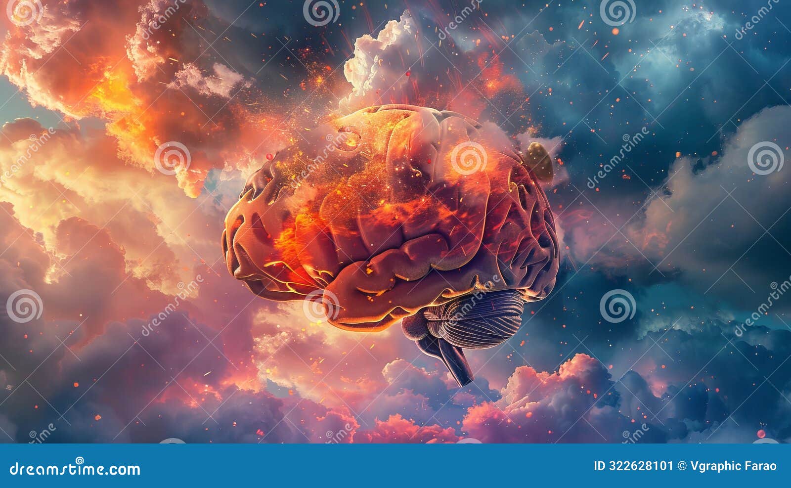 Surreal Image of a Glowing Brain Floating among Colorful Clouds ...