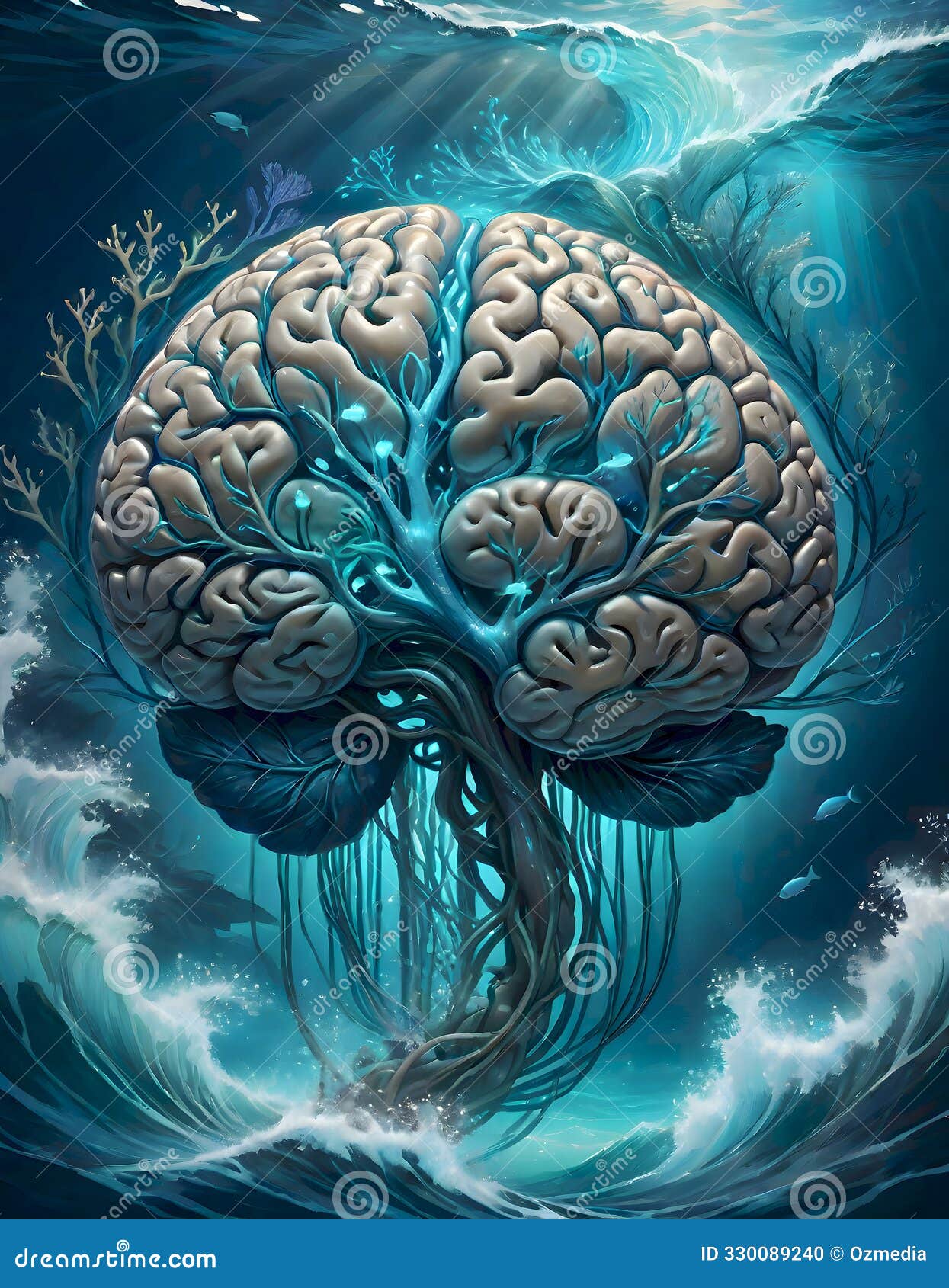 Surreal Image of a Human Brain Integrated with Underwater Elements Like ...