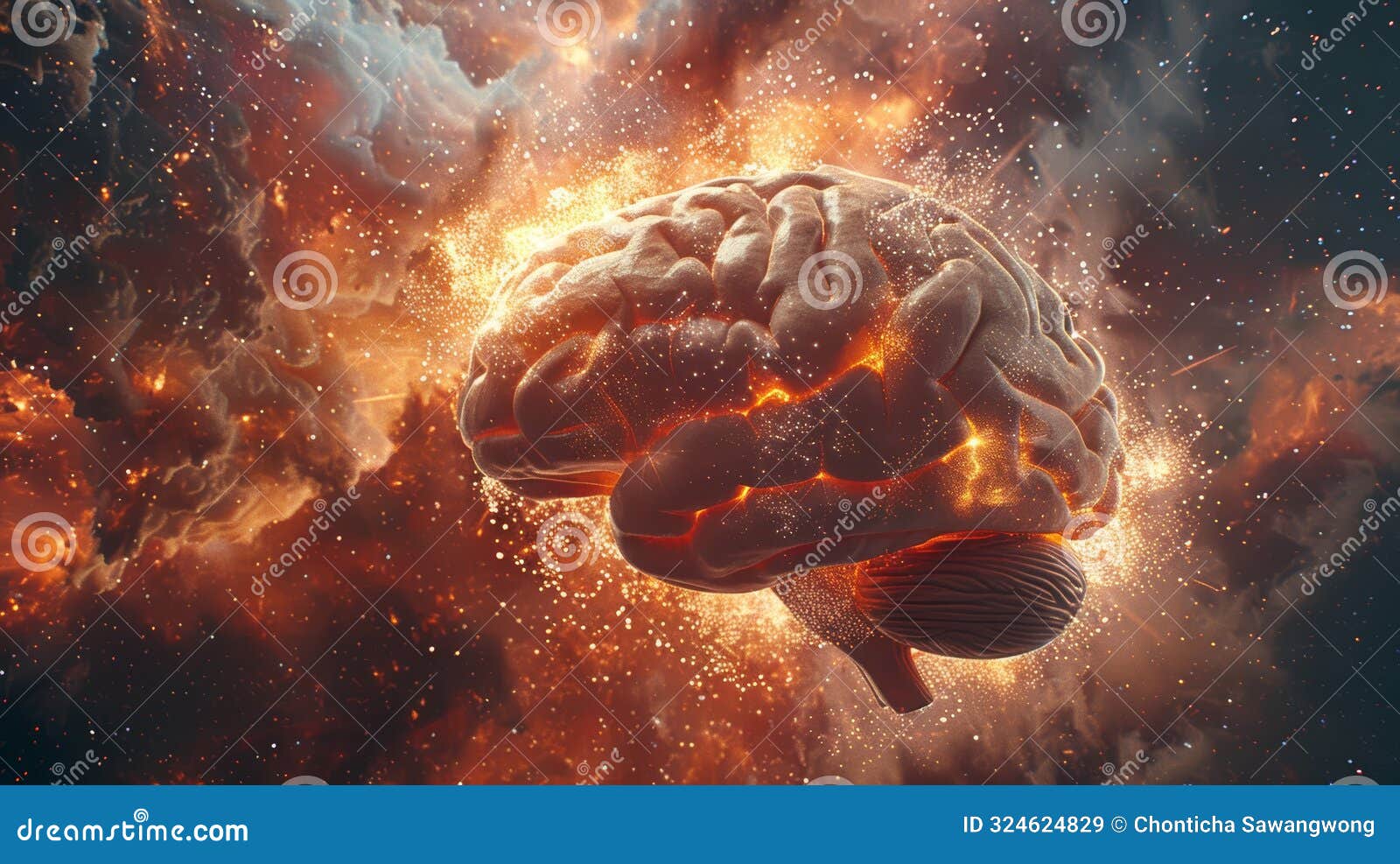 Surreal Image of a Human Brain in Space with a Fiery Explosion ...