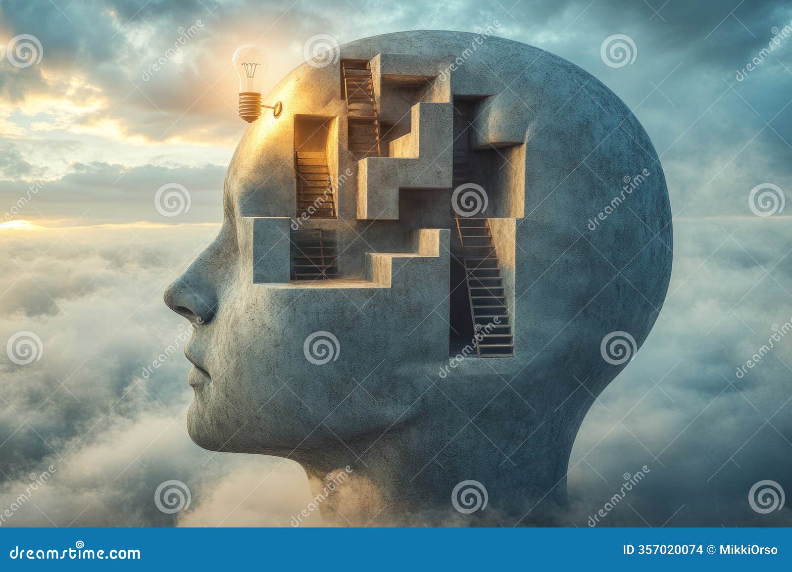 Surreal Image of an Open Human Head with Stairs and Ladders Emerging ...