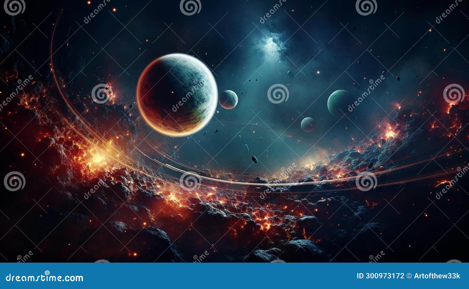 A Surreal Image of a Planetary System in Motion Stock Illustration ...