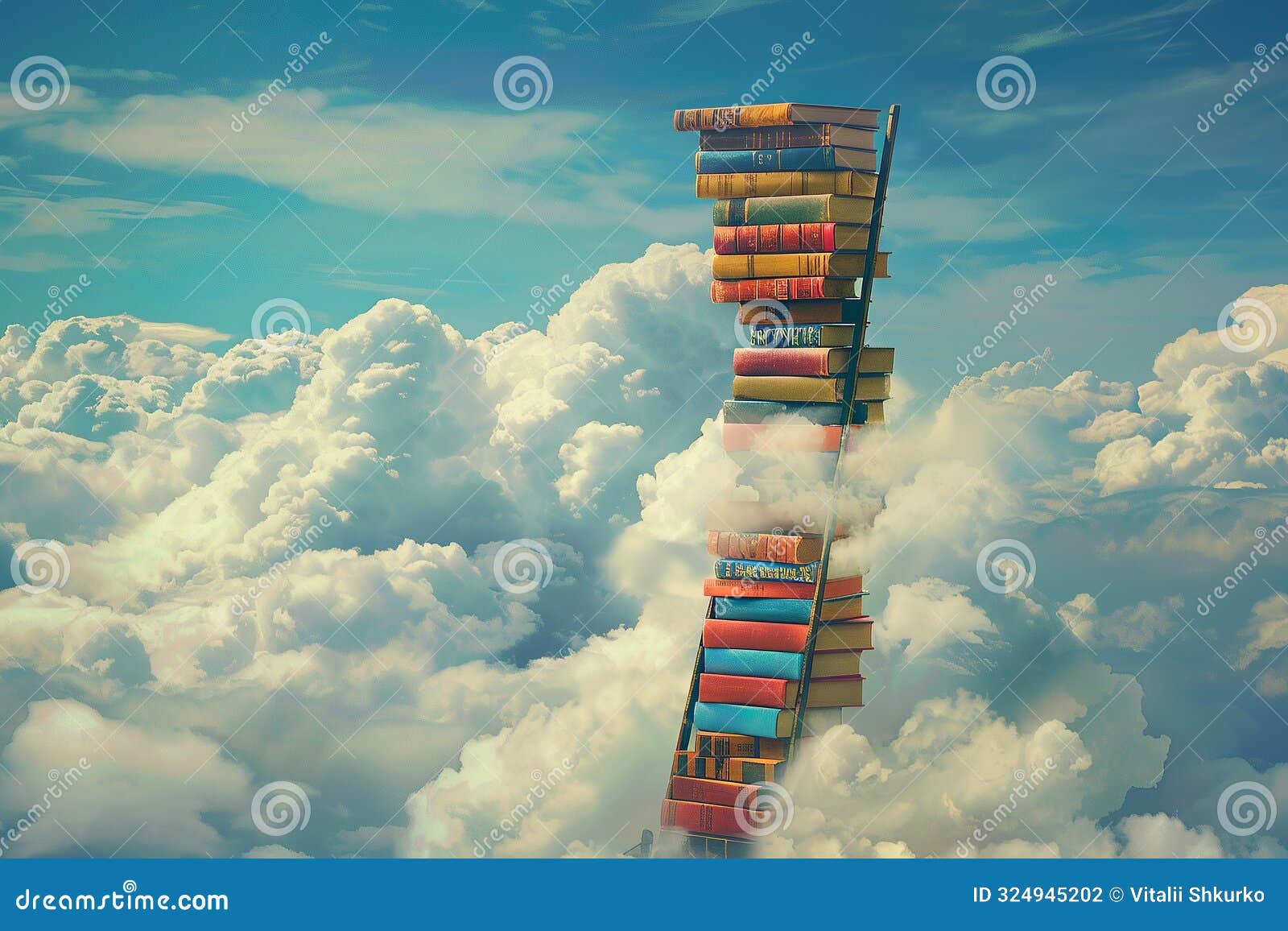 A Surreal Image of a Stack of Books with a Ladder Extending into a ...
