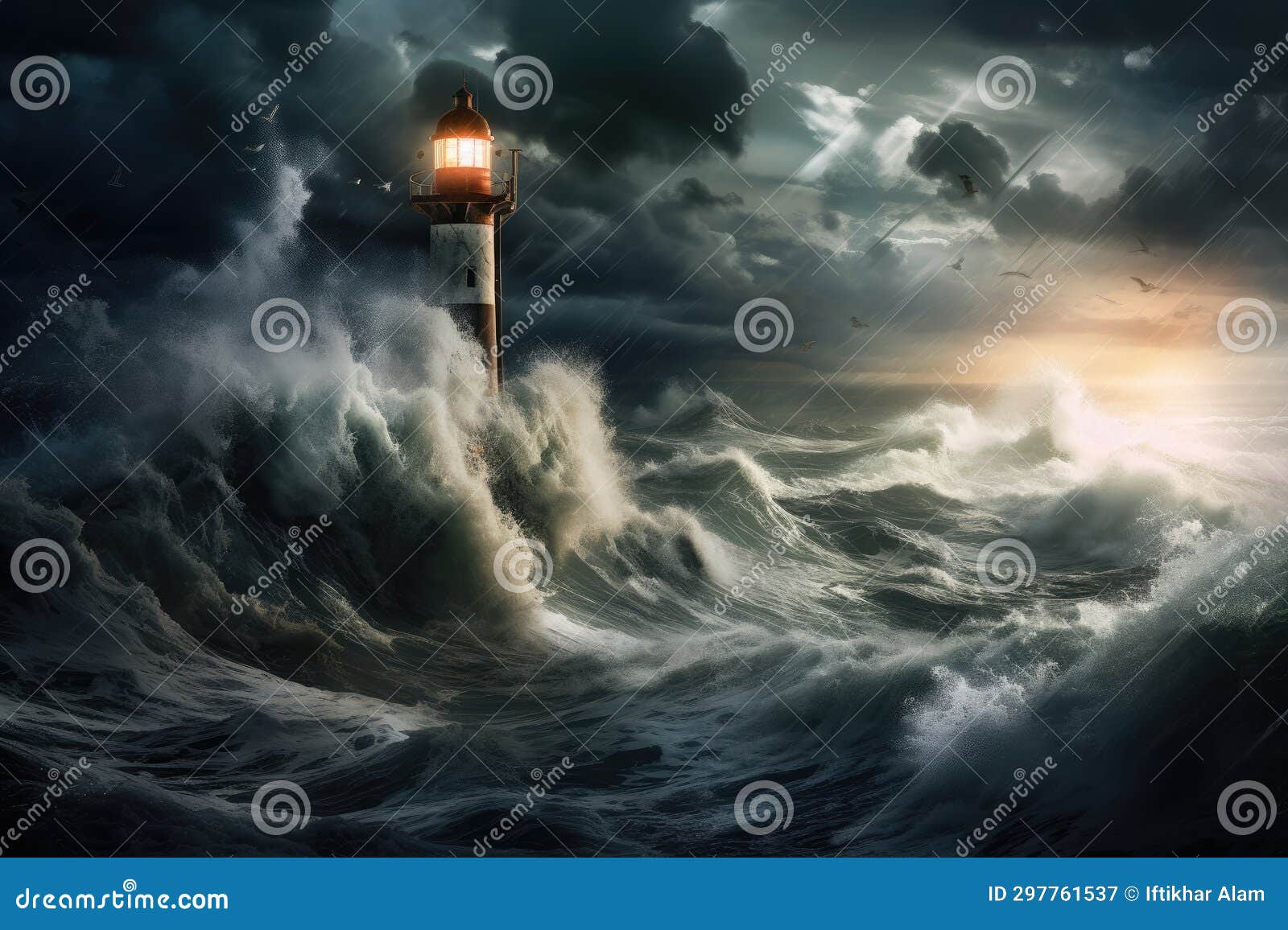 Surreal Image of Stormy Sea with Lighthouse. 3D Rendering, Thunder ...