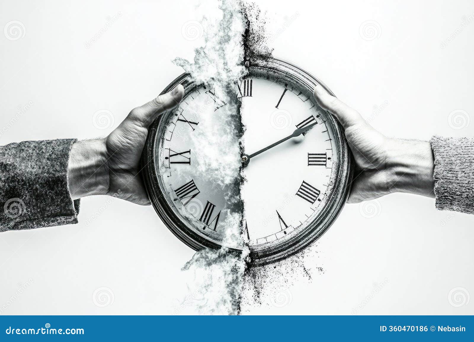 Surreal Image of Two Hands Holding a Melting Clock with Dual Textures ...