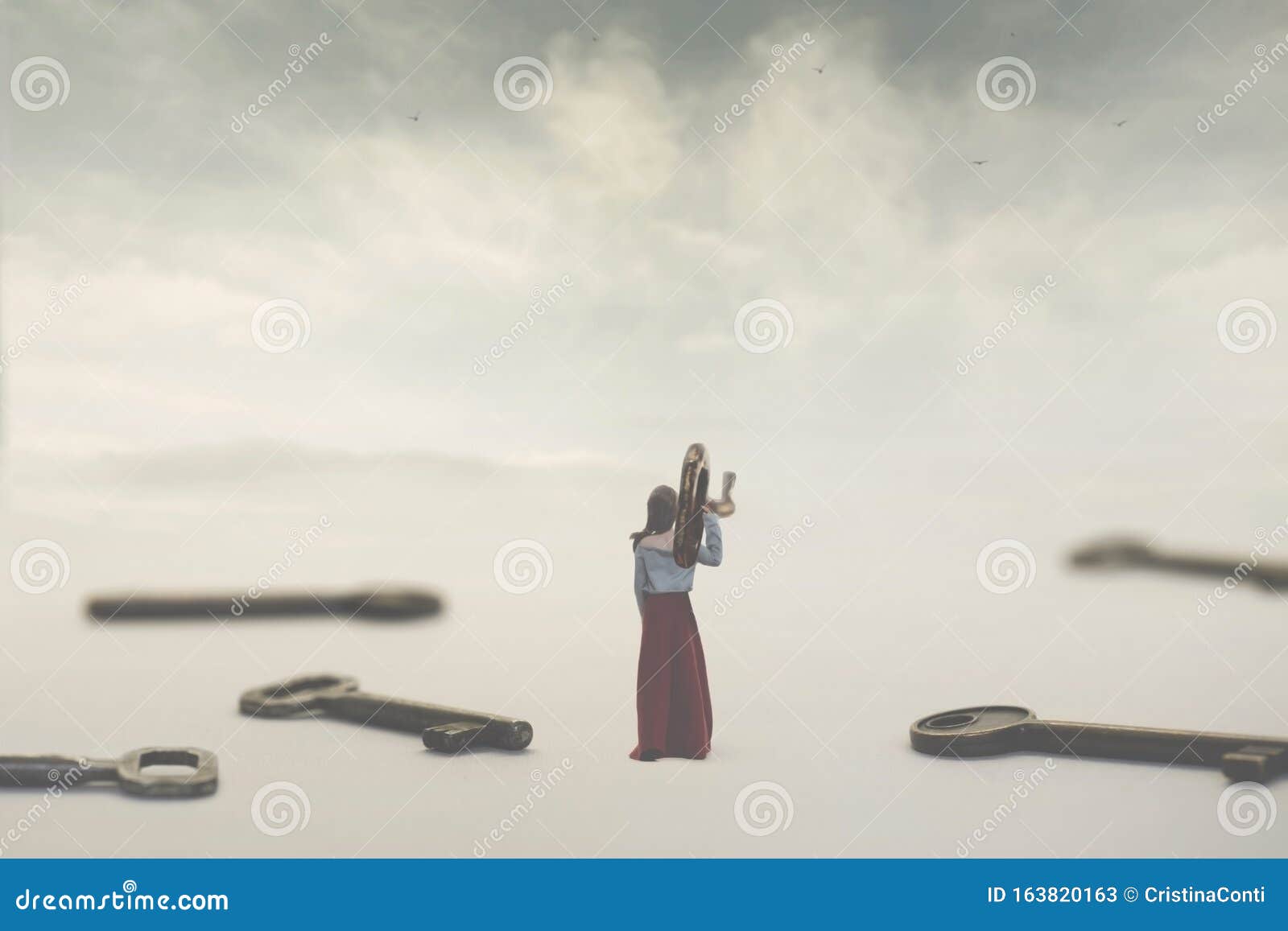 Surreal Image of a Woman Choosing a Key among Many. Concept of Solution ...