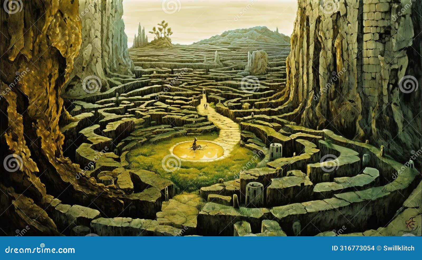 Surreal Labyrinth Concept with Magic Maze and Ancient Pathway. Stock ...