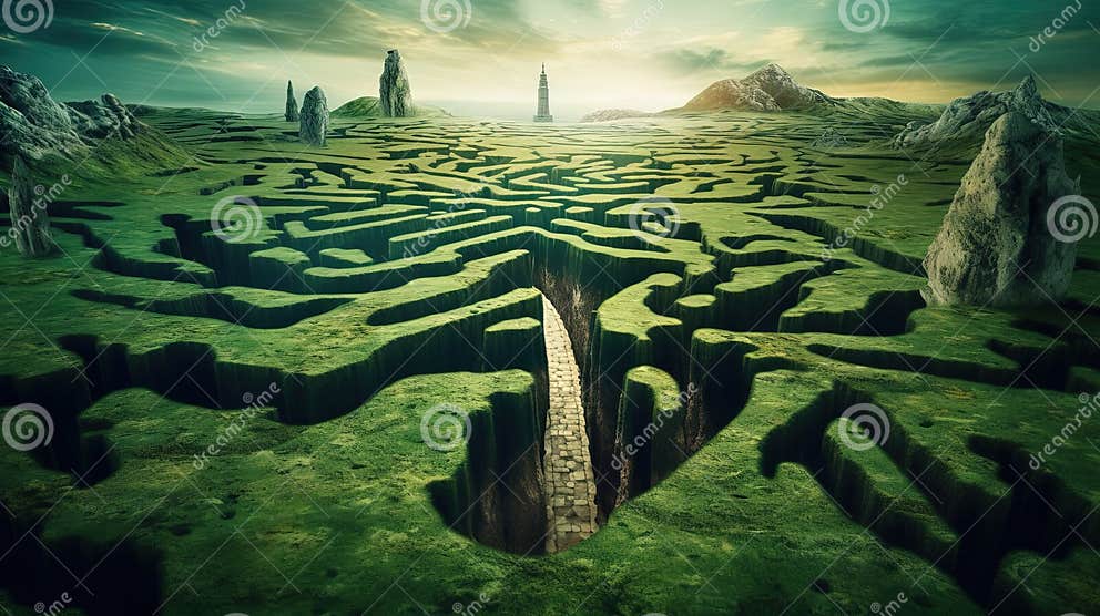 Surreal Labyrinth Concept with Magic Maze and Ancient Pathway. Stock ...