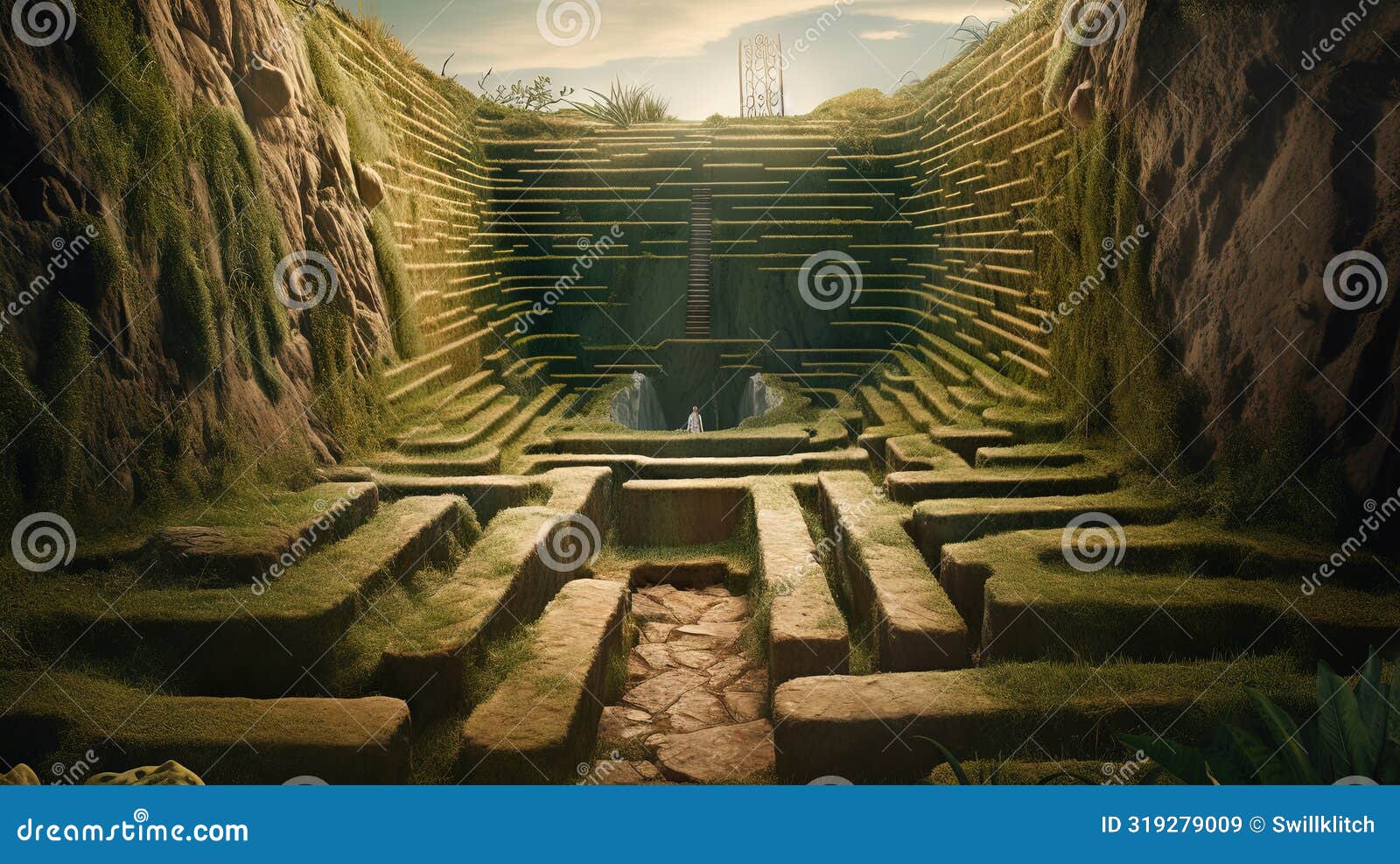 Surreal Labyrinth Concept with Magic Maze and Ancient Pathway. Stock ...