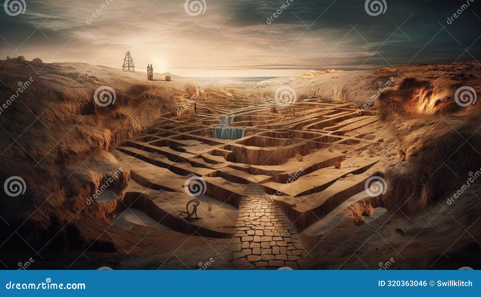 Surreal Labyrinth Concept with Magic Maze and Ancient Pathway. Stock ...