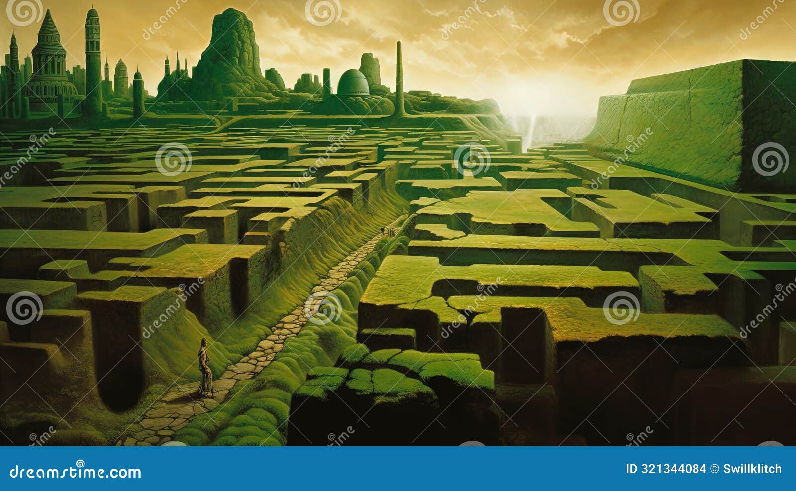 Surreal Labyrinth Concept with Magic Maze and Ancient Pathway. Stock ...