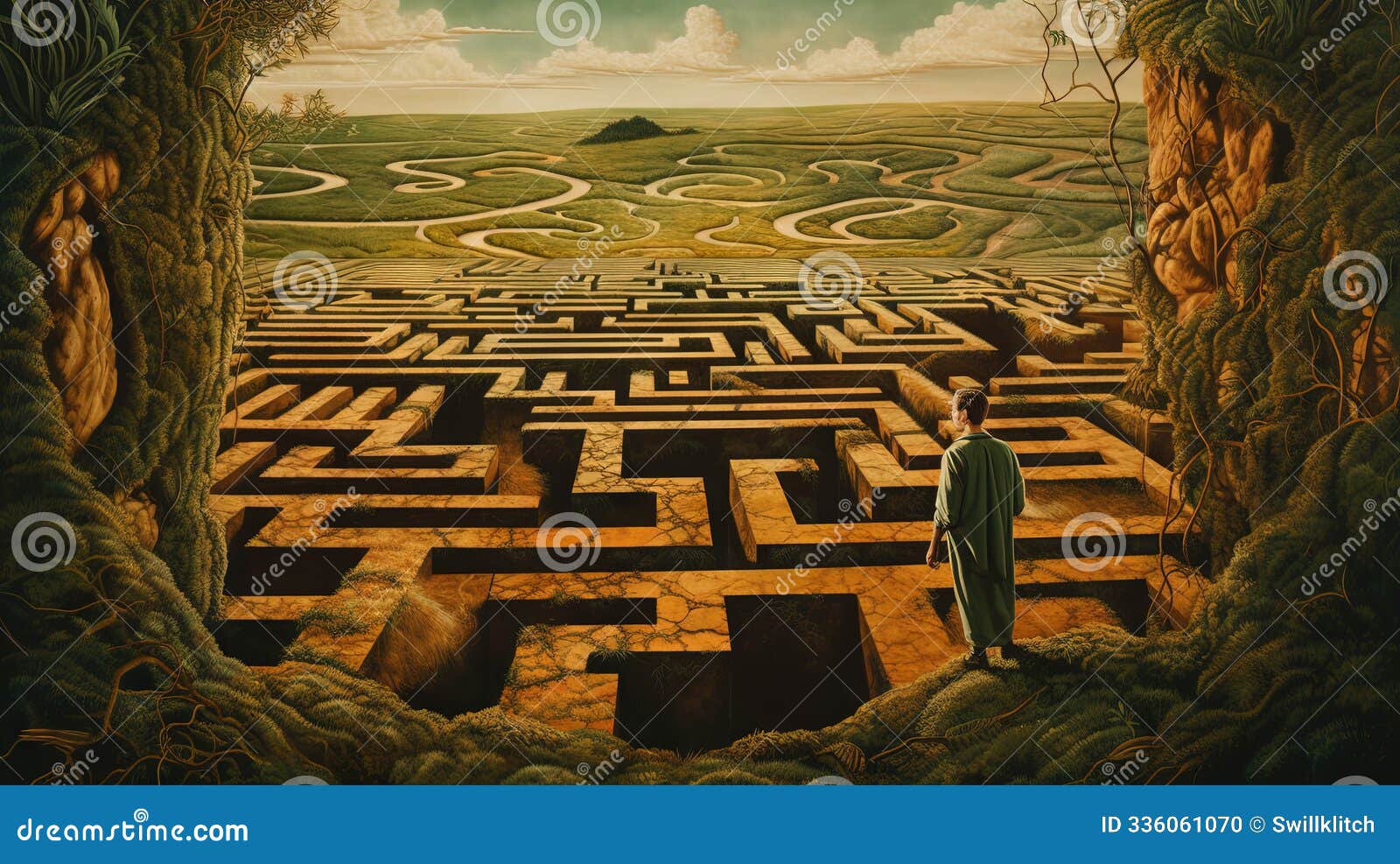 Surreal Labyrinth Concept with Magic Maze and Ancient Pathway. Stock ...
