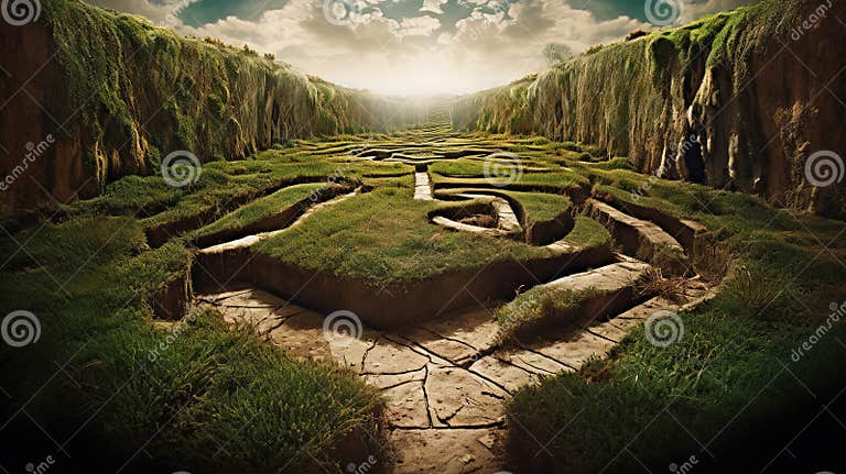 Surreal Labyrinth Concept with Magic Maze and Ancient Pathway. Stock ...