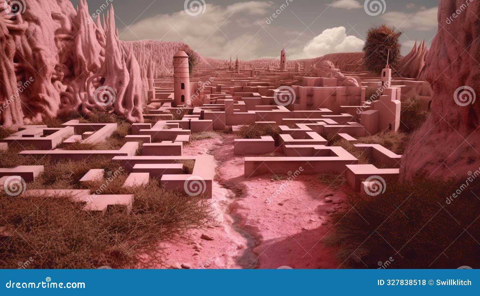 Surreal Labyrinth Concept with Magic Maze and Ancient Pathway. Stock ...