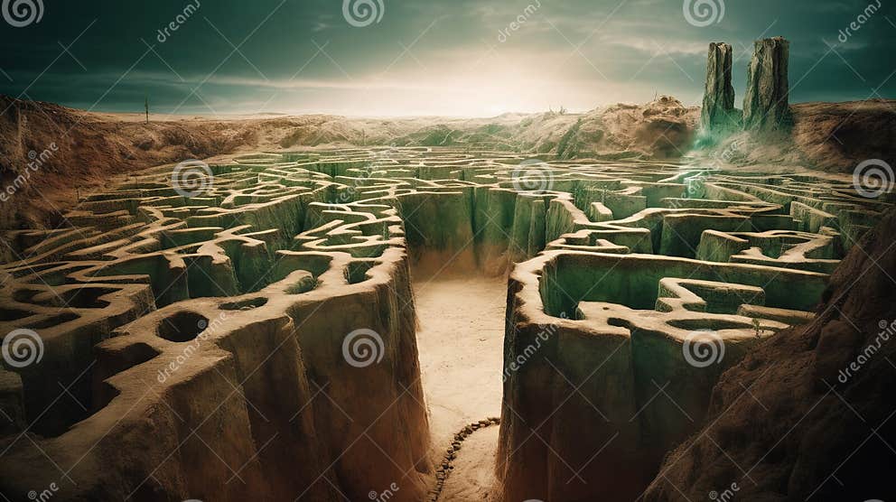 Surreal Labyrinth Concept with Magic Maze and Ancient Pathway. Stock ...