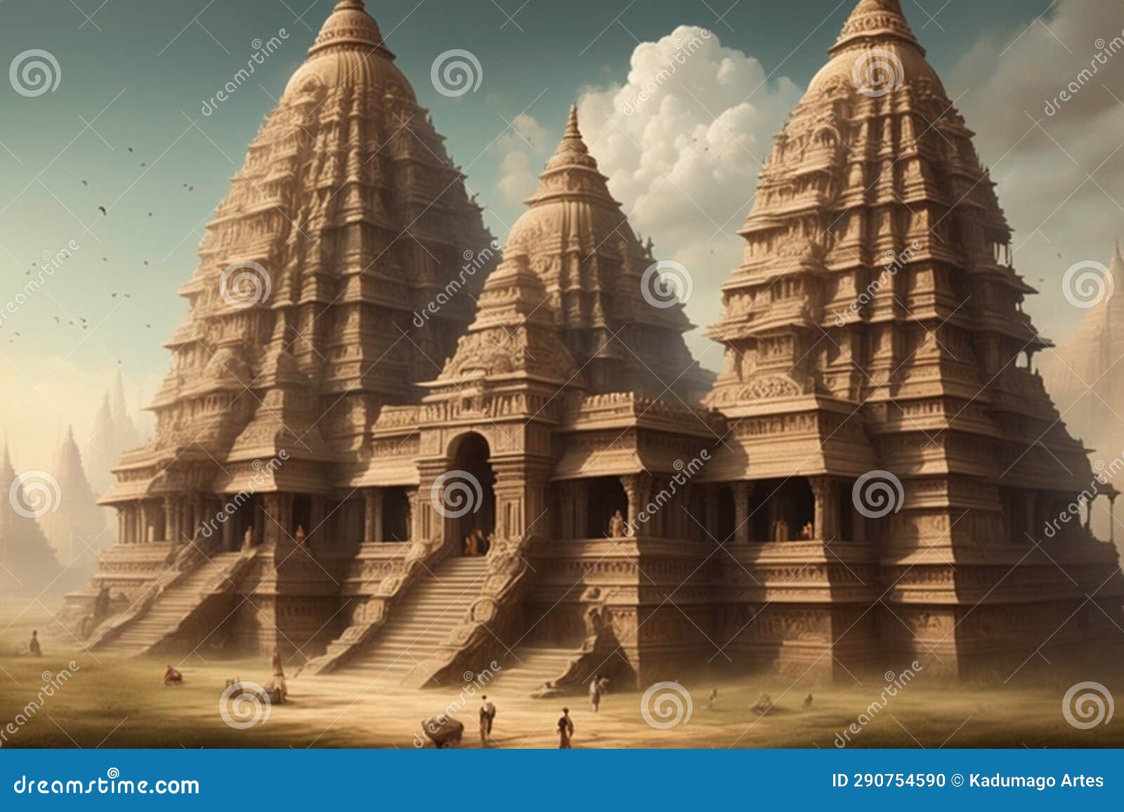 Surreal Landscape with Ancient Vedic Constructions Stock Illustration ...