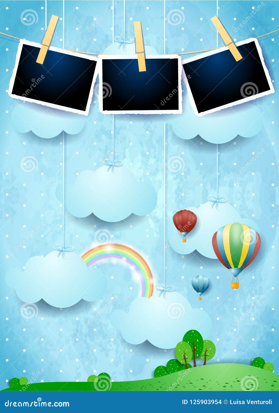 Surreal Landscape with Balloons, Hanging Clouds and Photo Frames Stock ...