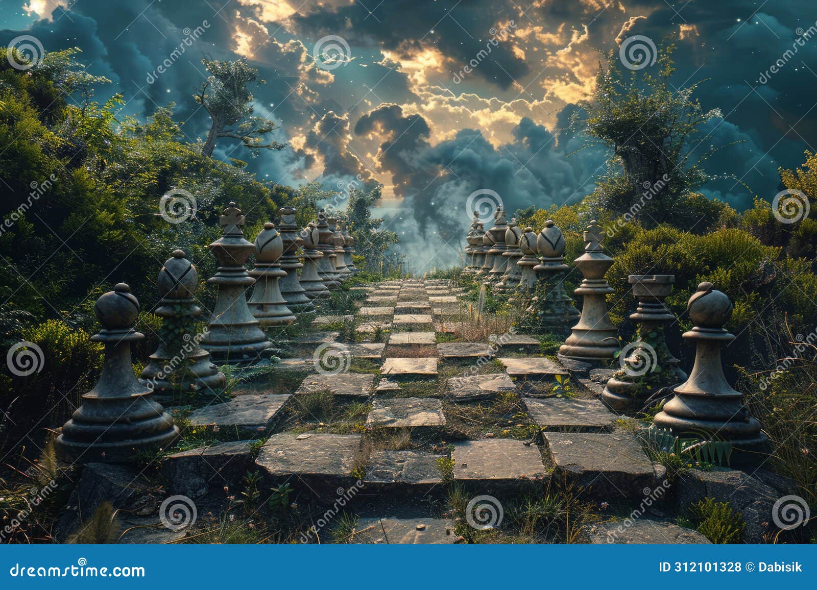 Surreal Landscape with Chess Pieces Under Dramatic Sky Stock Photo ...