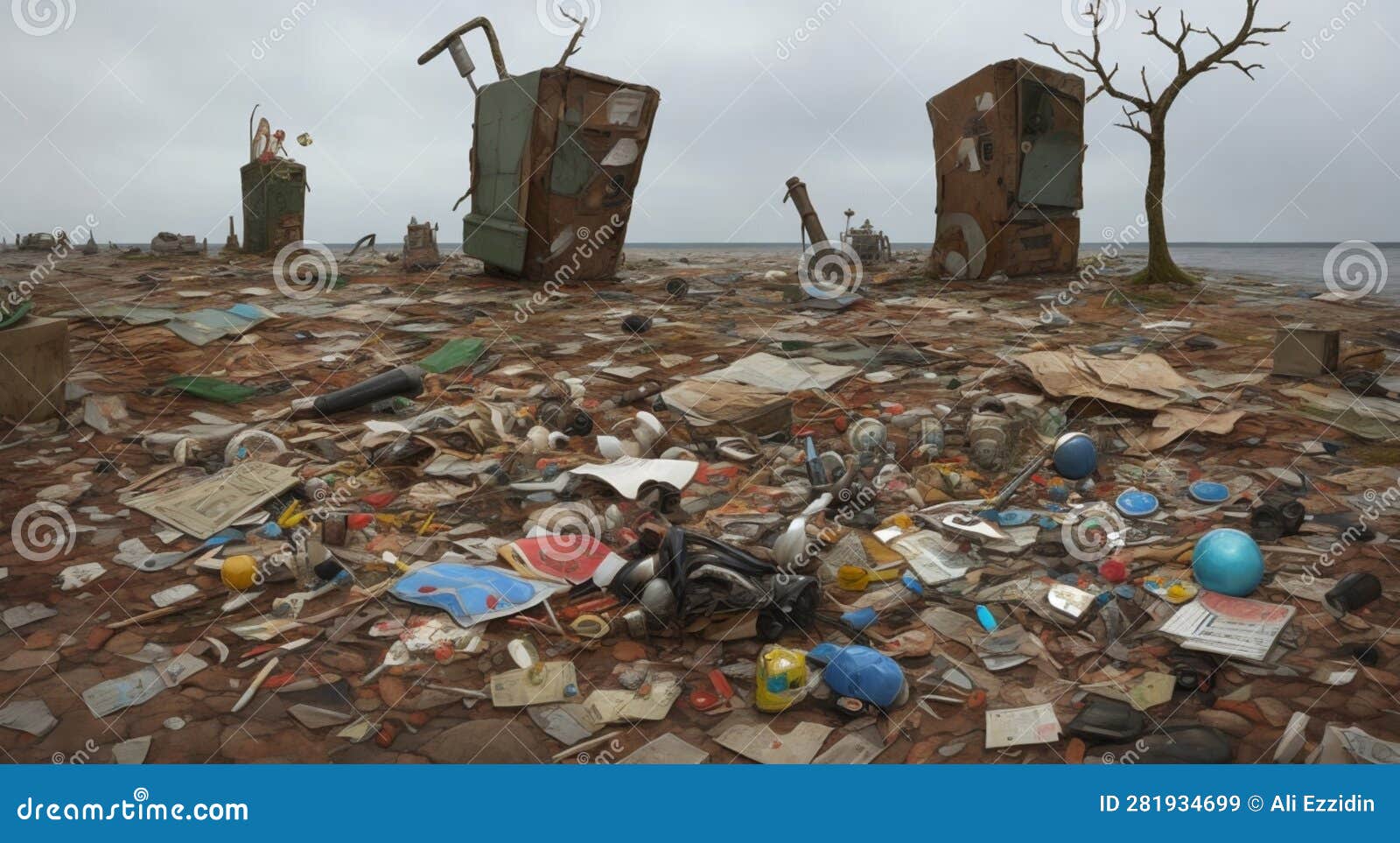 A Surreal Landscape of Discarded Items (AI) Stock Illustration ...