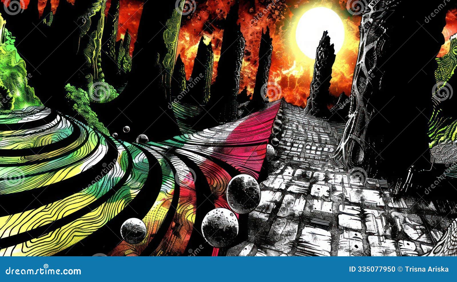 A Surreal Landscape Featuring Colorful Pathways, Celestial Bodies, and ...