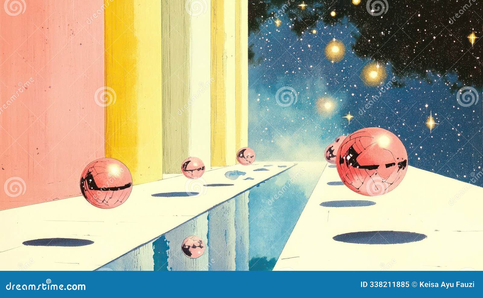 A Surreal Landscape Featuring Colorful Pillars and Floating Spheres ...