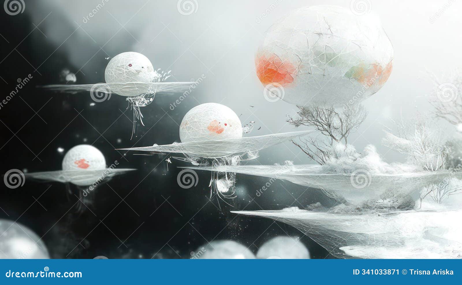 A Surreal Landscape Featuring Floating Orbs and Ethereal Trees in a ...