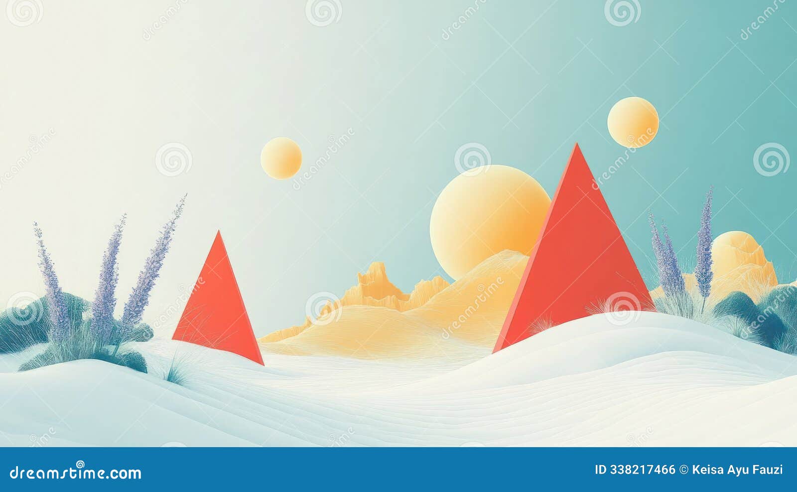A Surreal Landscape Featuring Red Pyramids, Soft Hills, and Celestial ...
