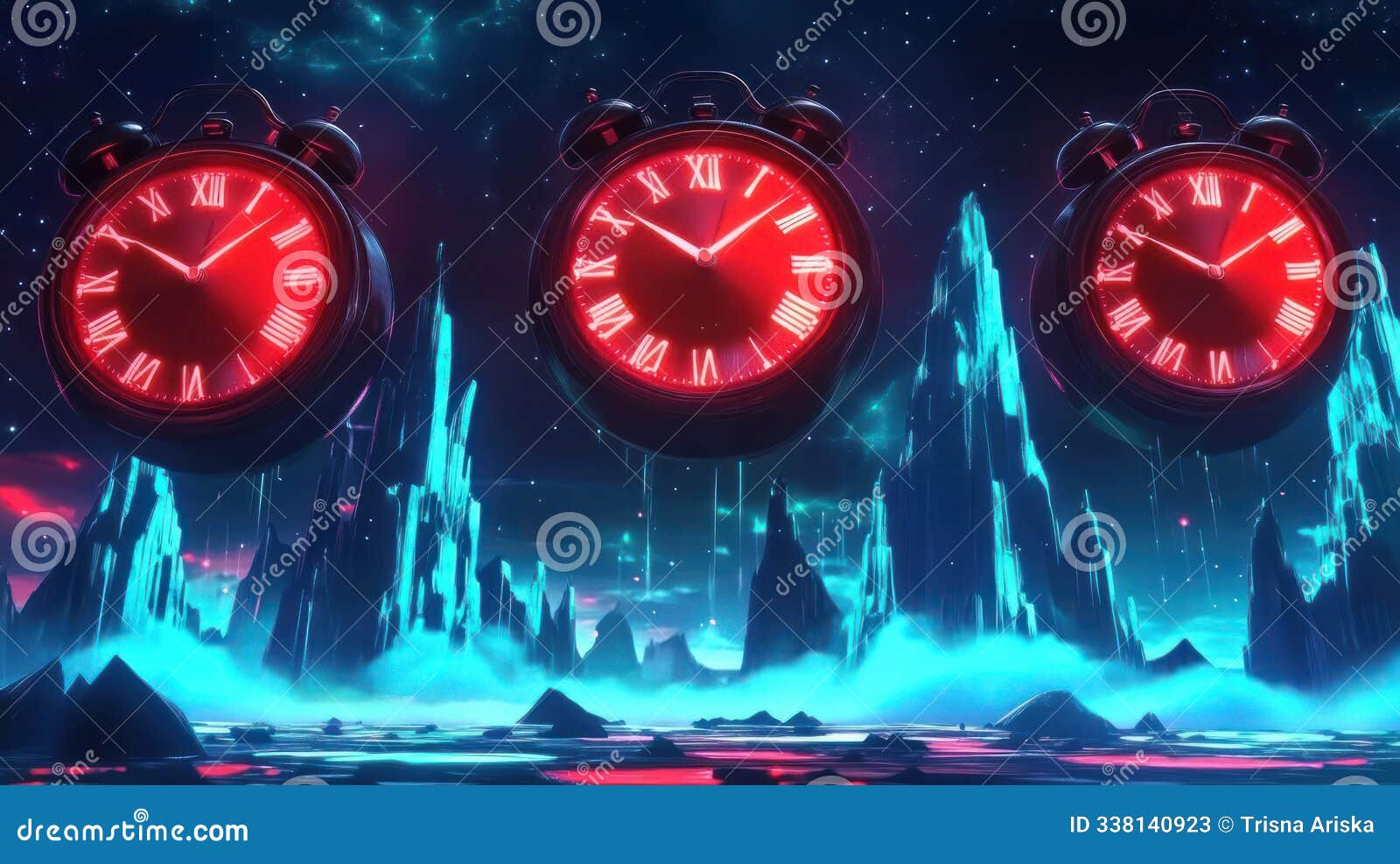 A Surreal Landscape Featuring Three Glowing Red Clocks Against a Cosmic ...
