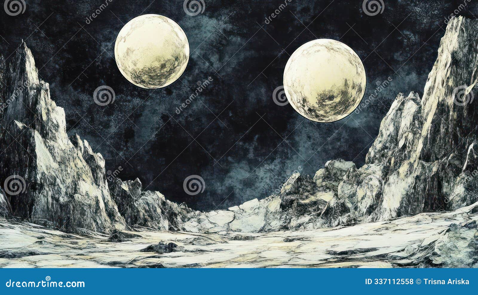 A Surreal Landscape Featuring Two Large Moons Above a Rocky Terrain ...